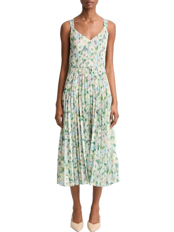 VINCE V-Neck Pleated Satin Dress